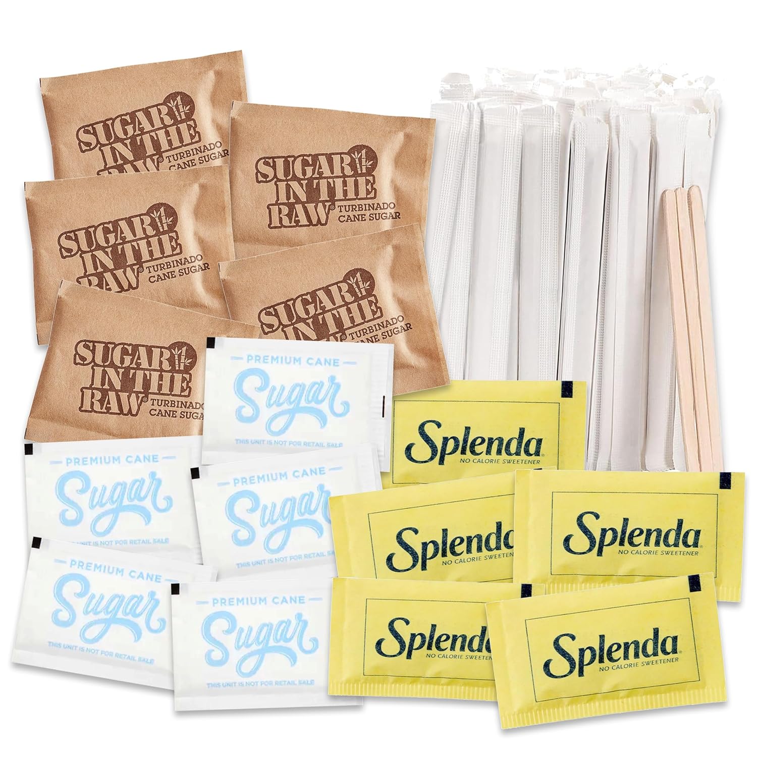 Sugar and Sweetener Assortment Packets Plus Wooden Coffee Stirrers - S ...